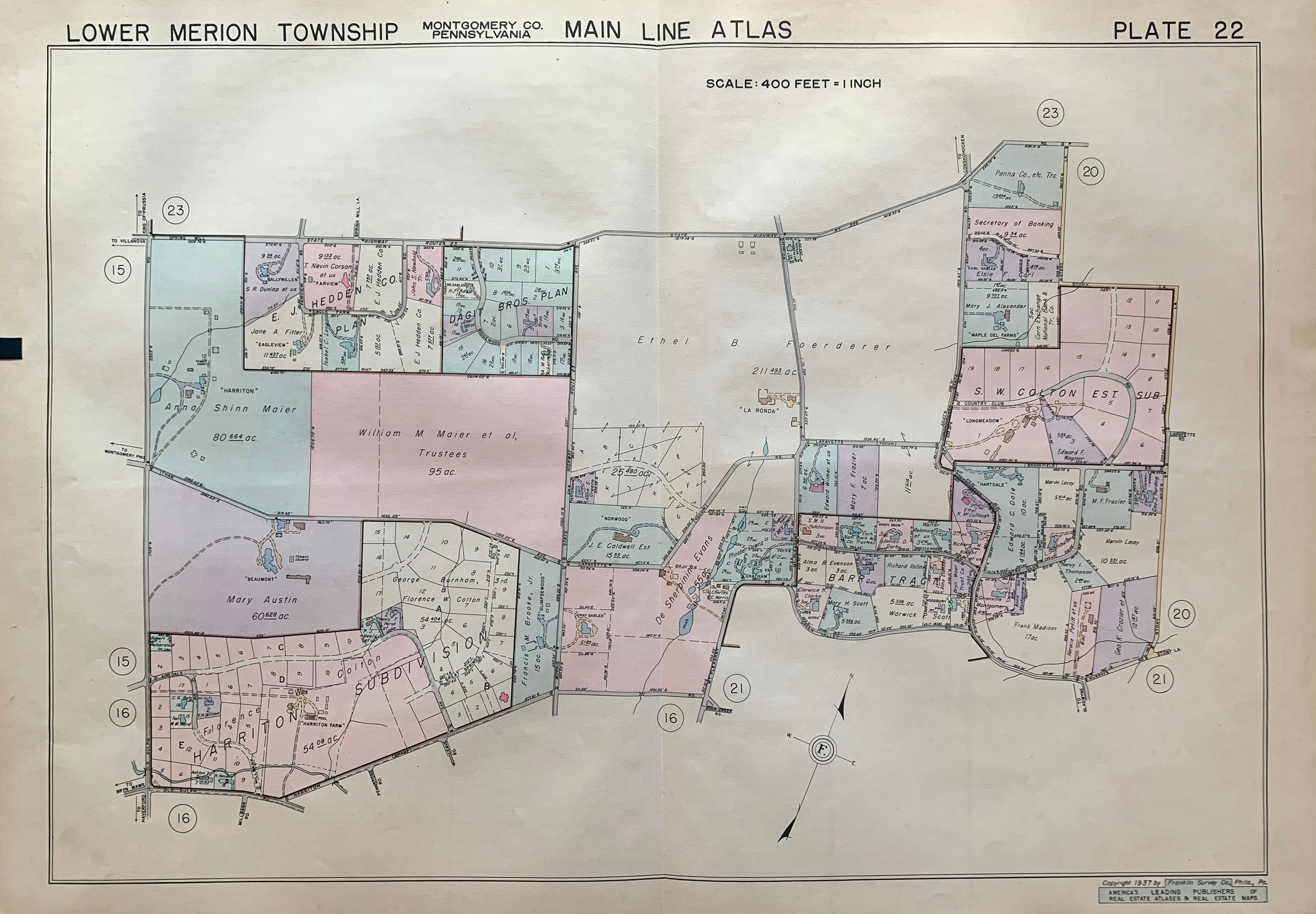 Villanova Map, Original 1937 Main Line Atlas, Bryn Mawr, Harriton Park ...