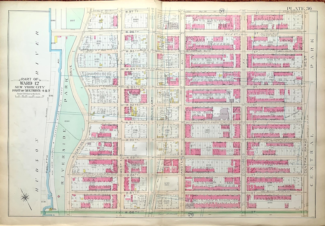 Upper West Side Map, Original 1894 Manhattan Island Atlas, Riverside ...