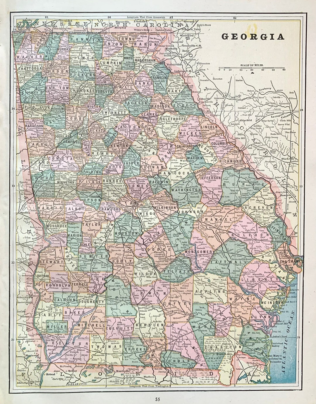 Antique Georgia Map, Original 1895 Crams Atlas, State of Georgia, the ...