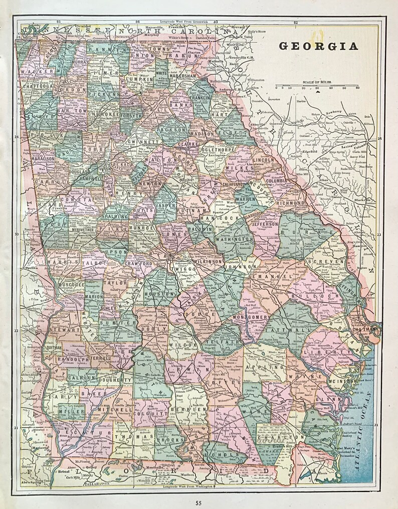 Antique Georgia Map, Original 1895 Crams Atlas, State of Georgia, the ...