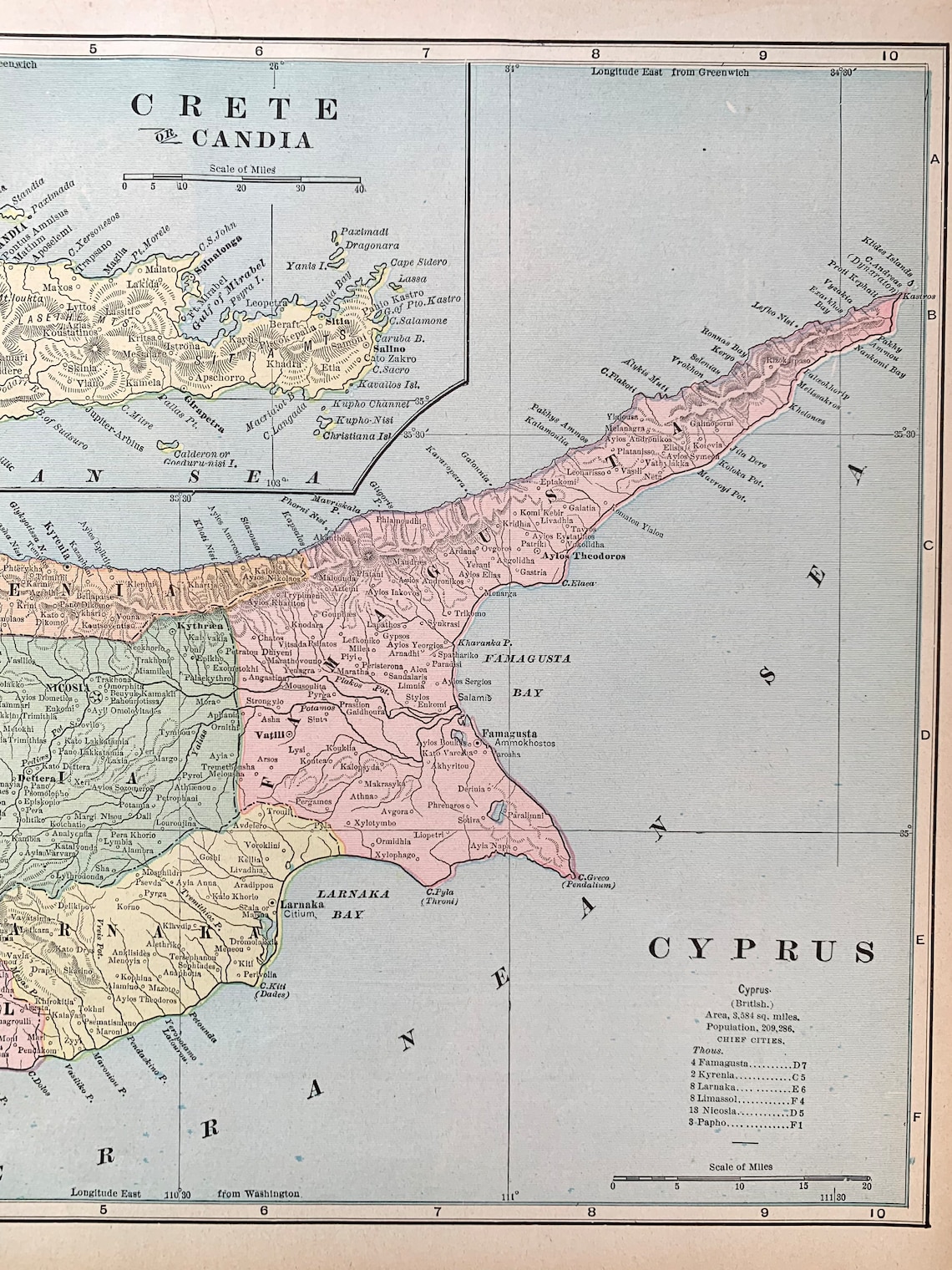 Crete Map Cyprus Original 1895 Crams Atlas Greece Turkey - Etsy