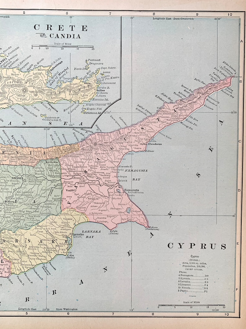 Crete Map Cyprus Original 1895 Crams Atlas Greece Turkey - Etsy