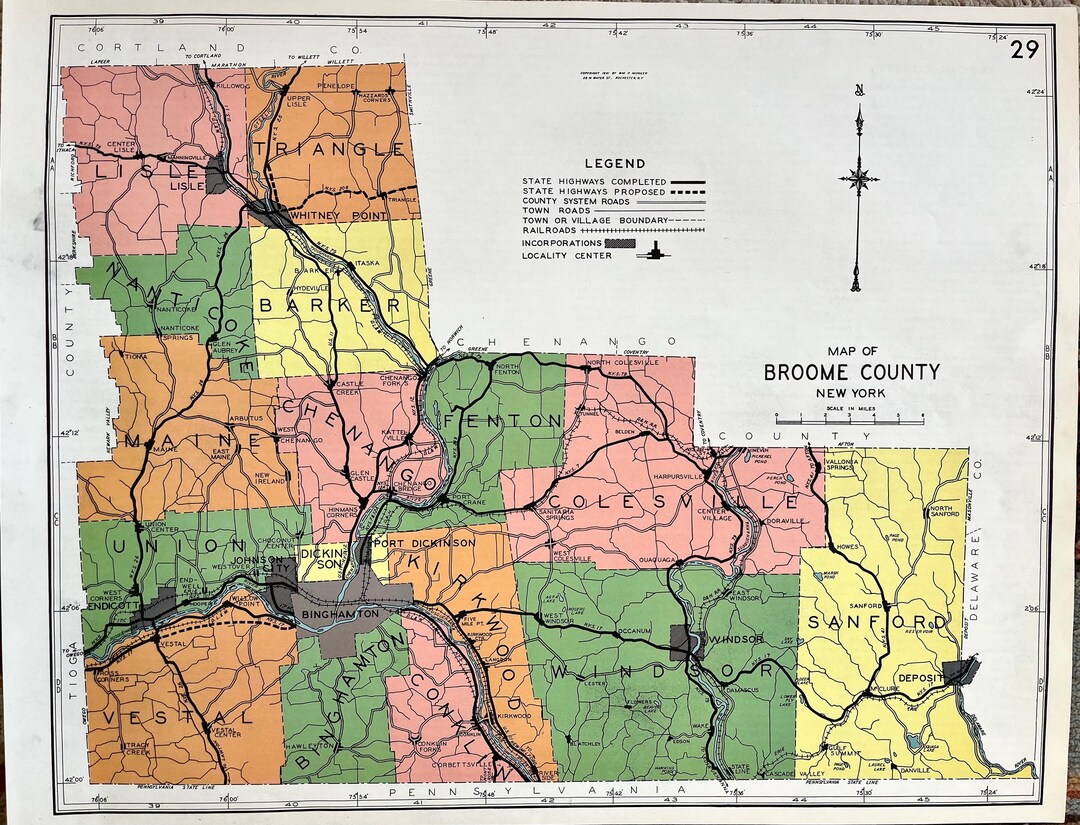 Broome County Map, Original 1941 State of New York Atlas, Binghamton ...
