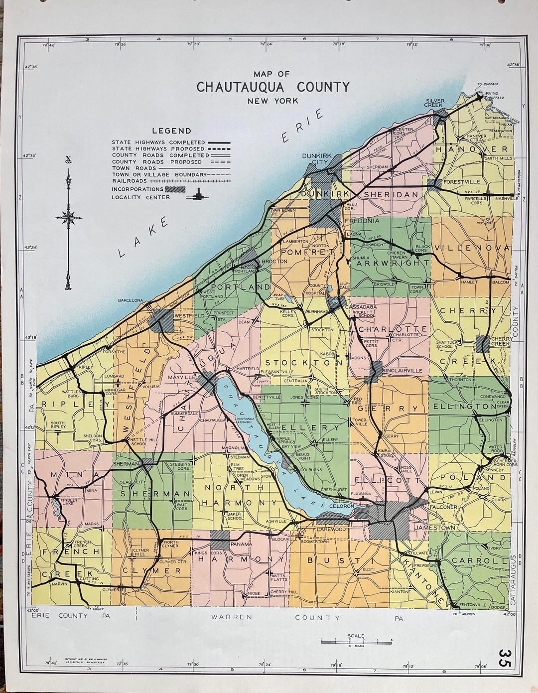 Chautauqua County Map, Original 1941 New York State Atlas, Lake Erie ...