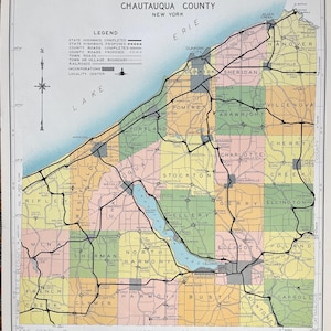 Chautauqua County Map, Original 1941 New York State Atlas, Lake Erie ...