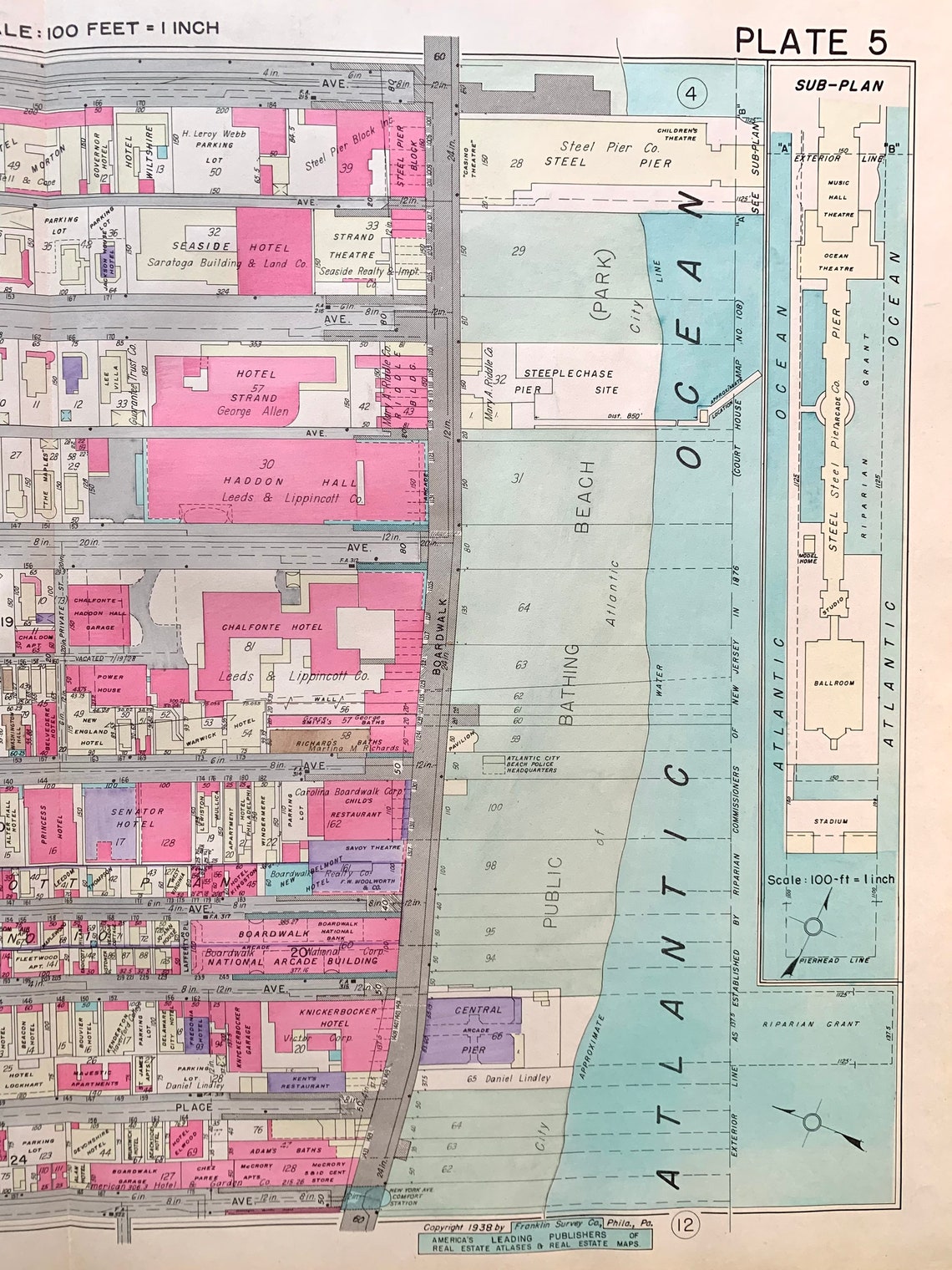 Atlantic City Map, Original 1938 Absecon Island Atlas, Steel Pier ...