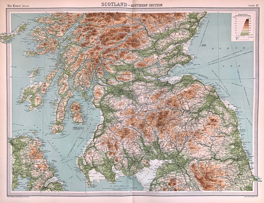 Scotland Map, Original 1922 Times Atlas, Southern Scotland, Glasgow ...