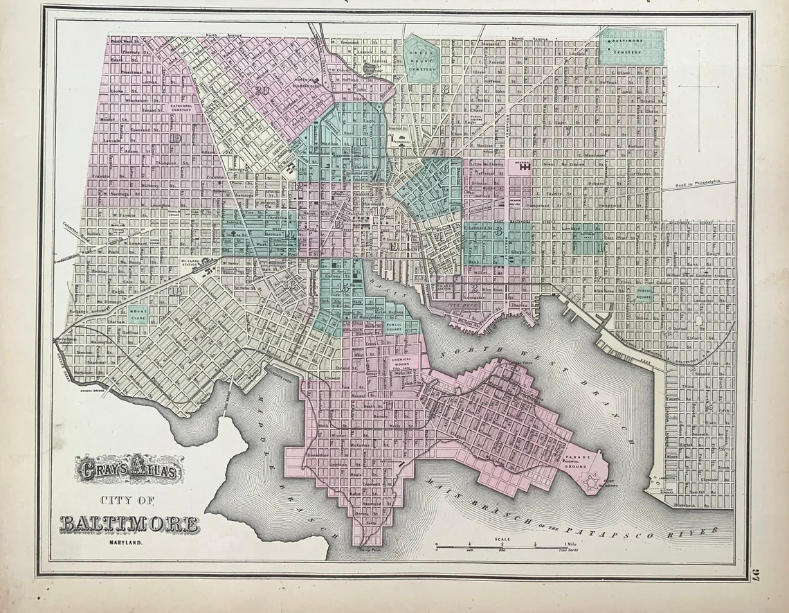 Baltimore Map Original 1874 Grays Atlas Inner Harbor Fells | Etsy
