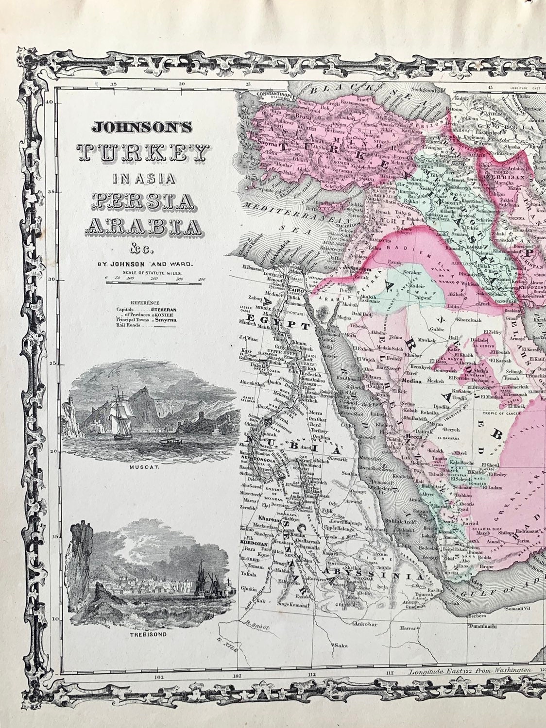 Antique Map of Turkey, Original 1863 Hand Colored Map, Johnsons Atlas ...