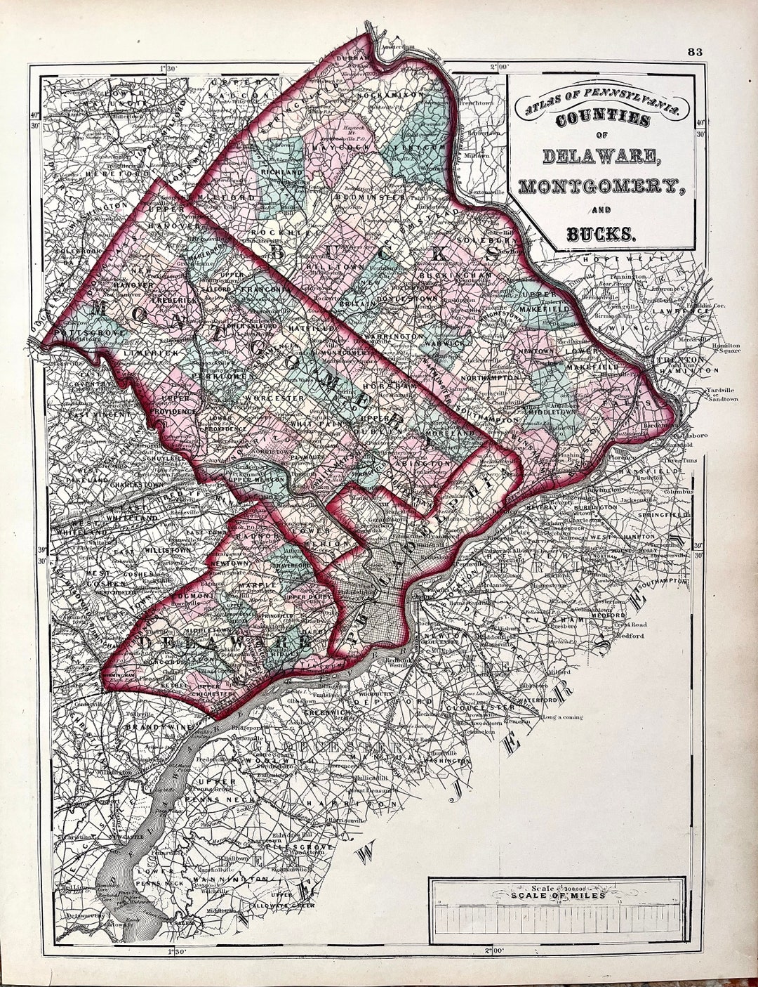Bucks County Map, Original 1872 Pennsylvania Atlas, Delaware ...