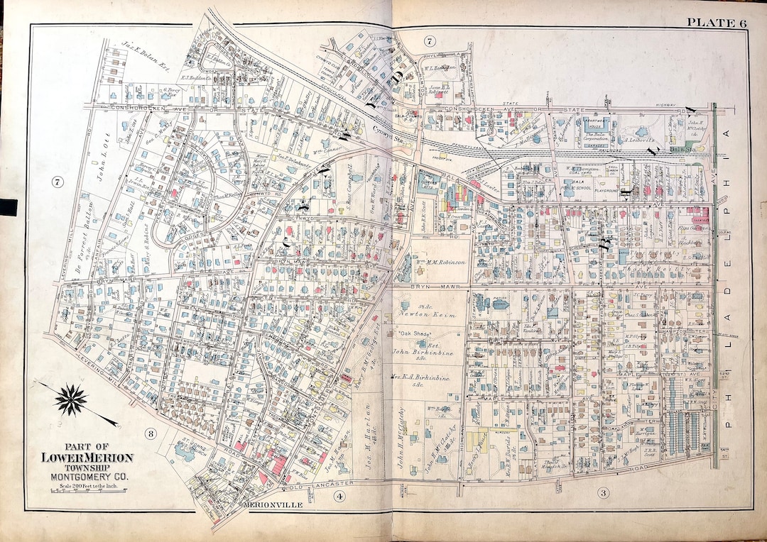 Bala Cynwyd Map, Original 1926 Main Line Pennsylvania Railroad Atlas ...