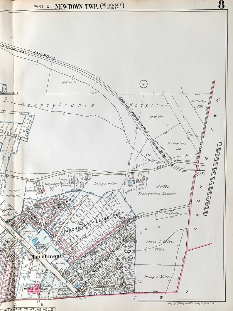 Newtown Township Map, Original 1950 Franklin Survey Main Line Atlas ...