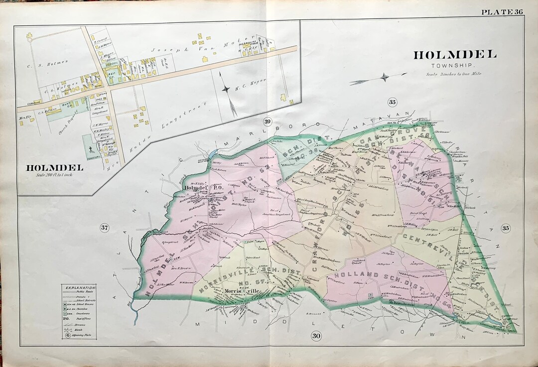 Holmdel Township Map, Original 1889 Monmouth County Atlas, Morrisville ...