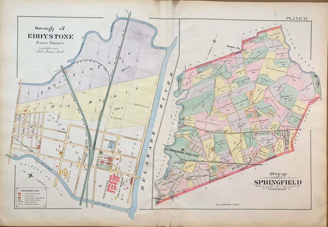 Springfield Township Map, Original 1892 Delaware County Atlas Map ...