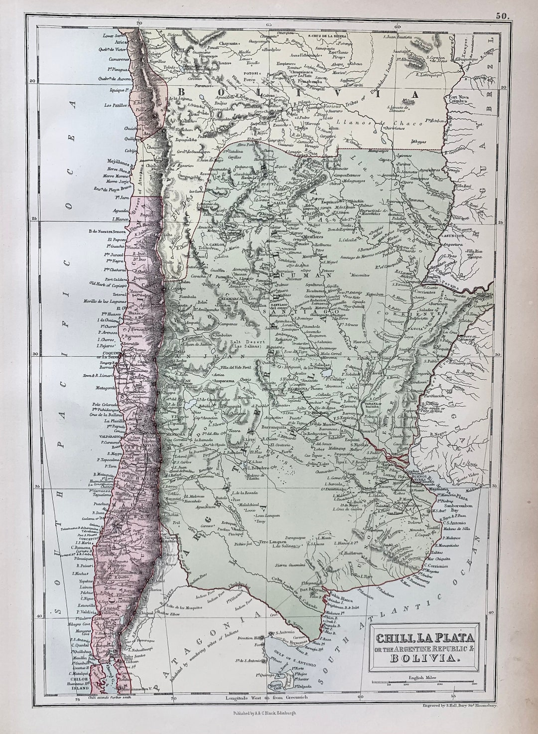 Chile Map, Argentina, Original 1875 Blacks Atlas, Bolivia, Chili La ...