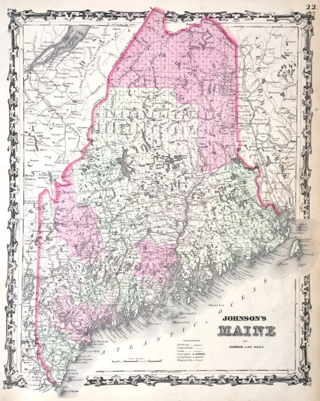Antique Maine Map, Original 1863 Johnsons Atlas, Hand Colored - Etsy