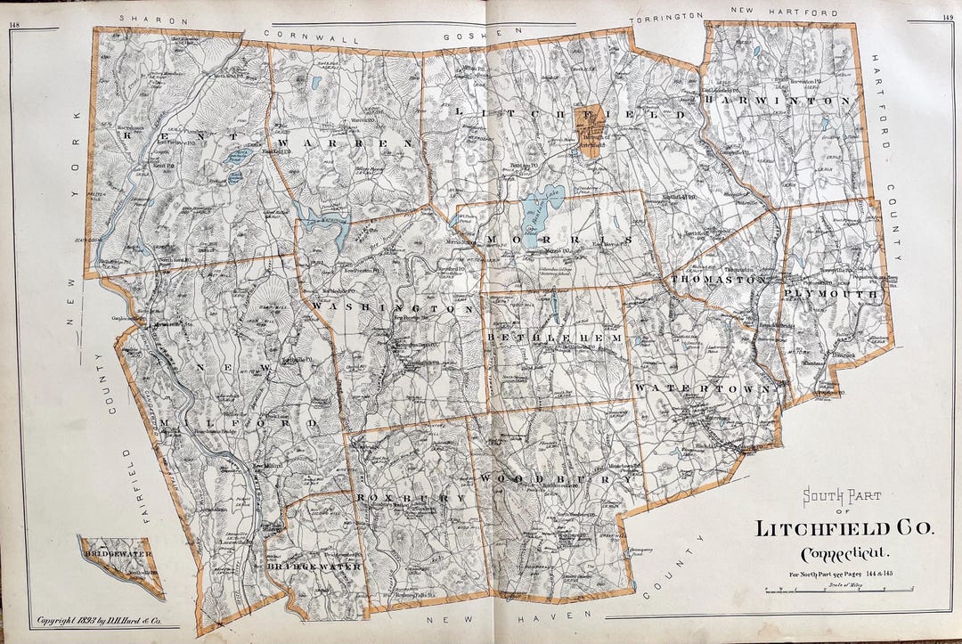 Litchfield County Map, Original 1893 Connecticut Atlas, Roxbury, New ...