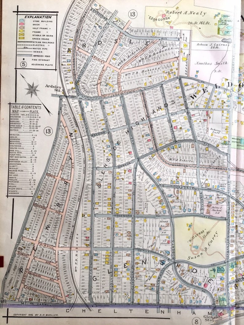 Abington Map, Original 1916 North Penn Atlas, Glenside, Noble Station ...