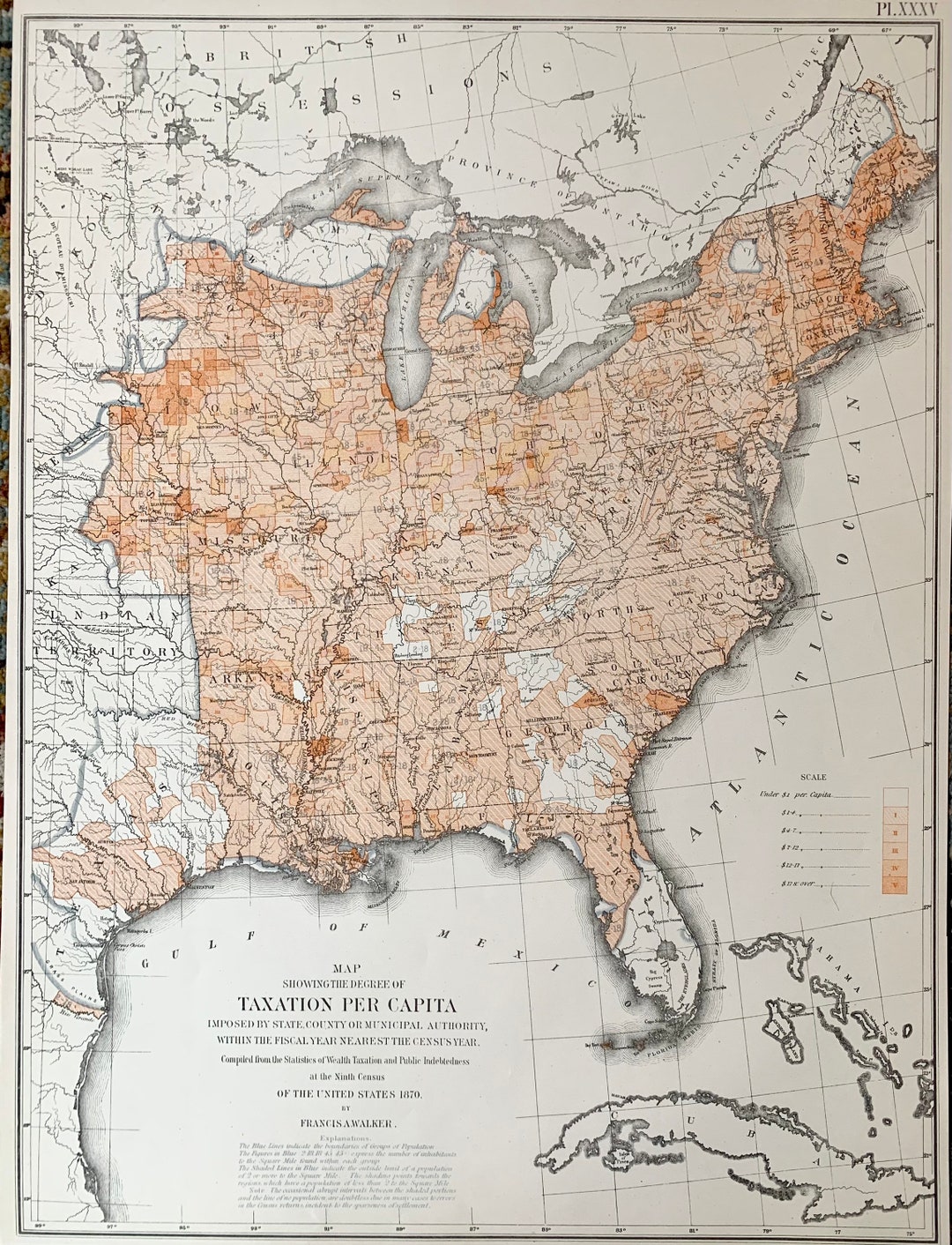 Taxation Map, Original 1874 Census Chart, Taxation per Capita, United ...