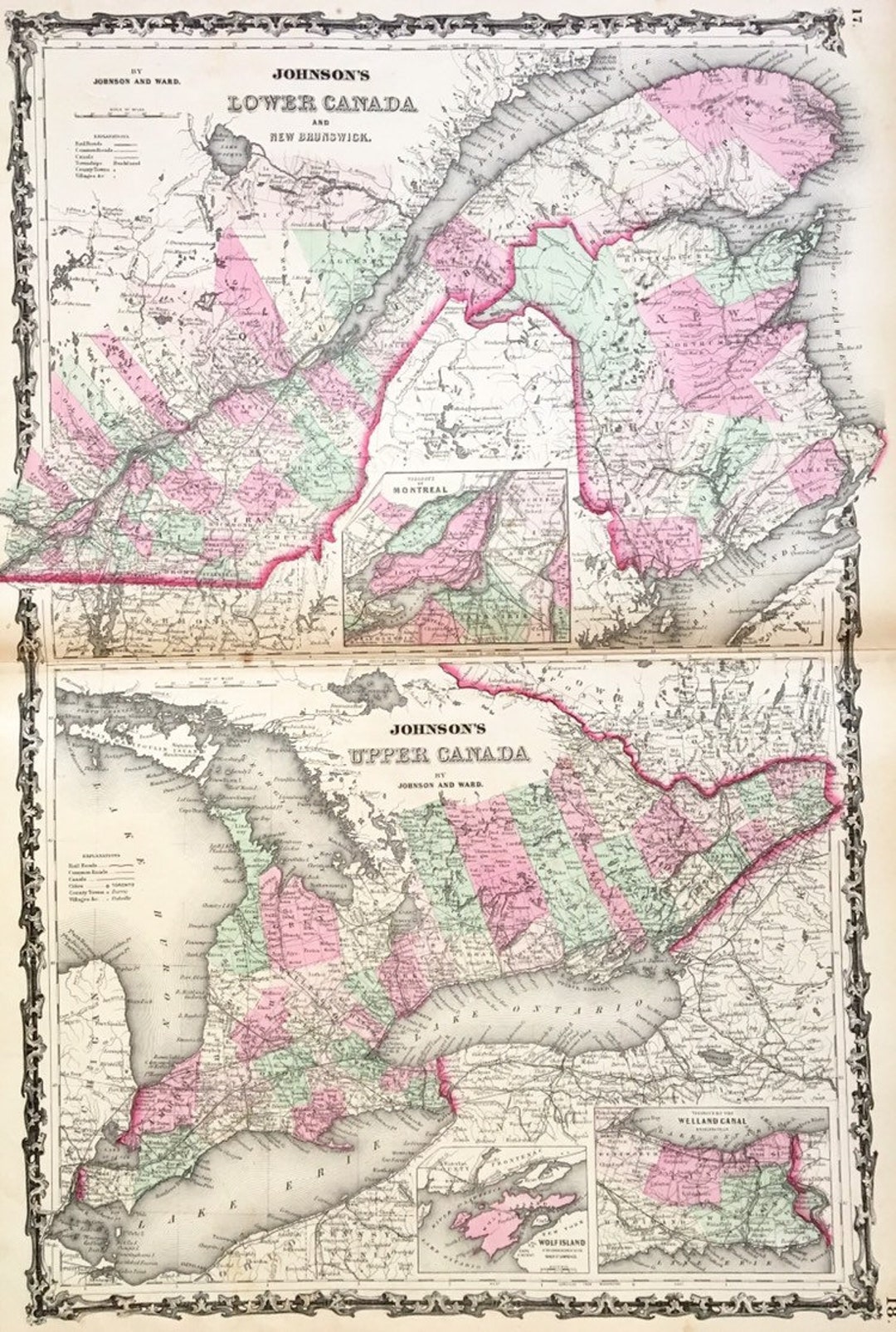 Canada Map, Original 1863 Johnsons Atlas, Lower Canada, Upper Canada ...