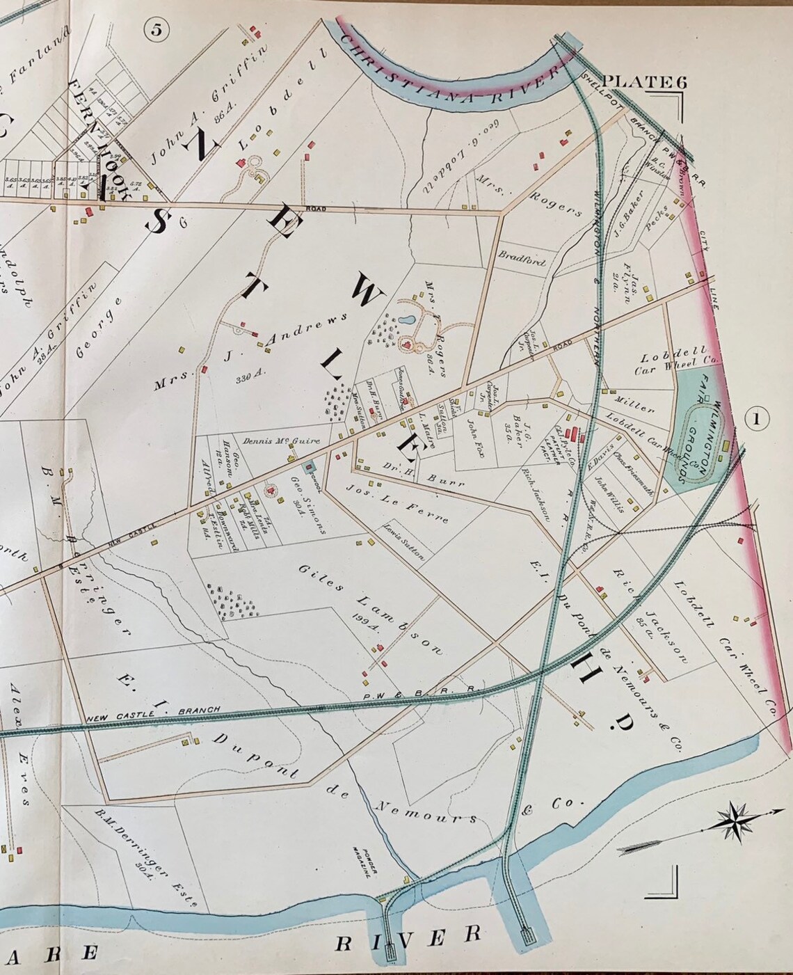 1893 New Castle County Atlas Map original hand colored map | Etsy