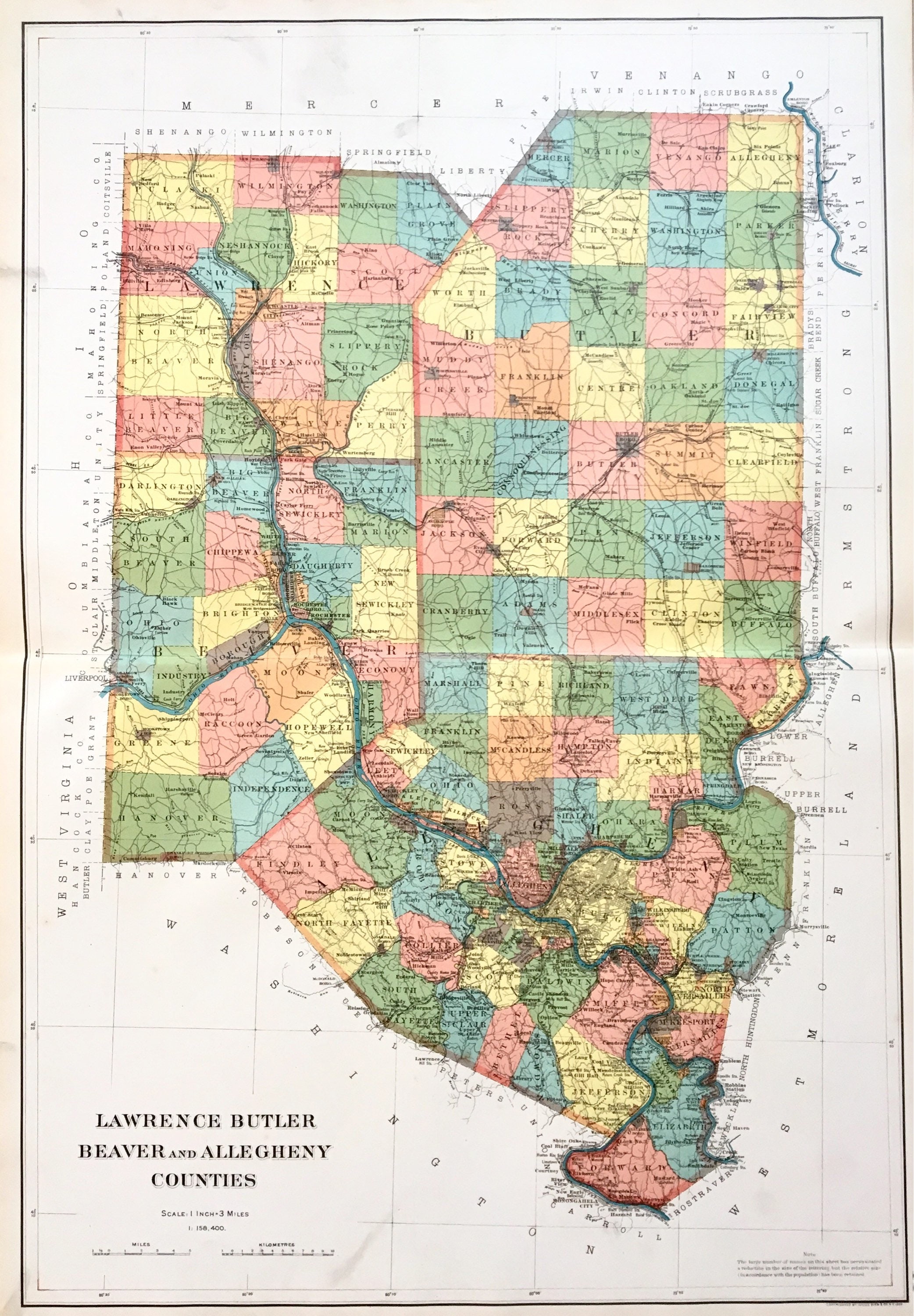Allegheny County Map Original 1900 State Of Pennsylvania Atlas Butler County Beaver County