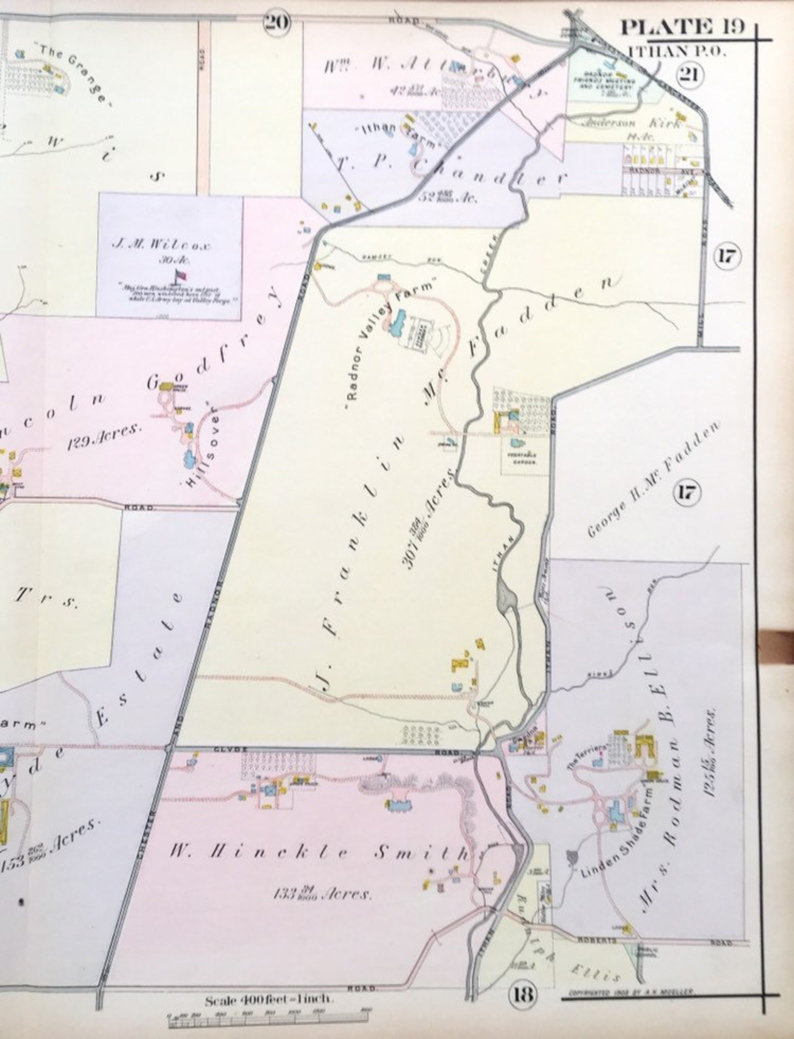 Radnor Township Map, Original 1908 Mainline Pennsylvania Railroad Atlas ...