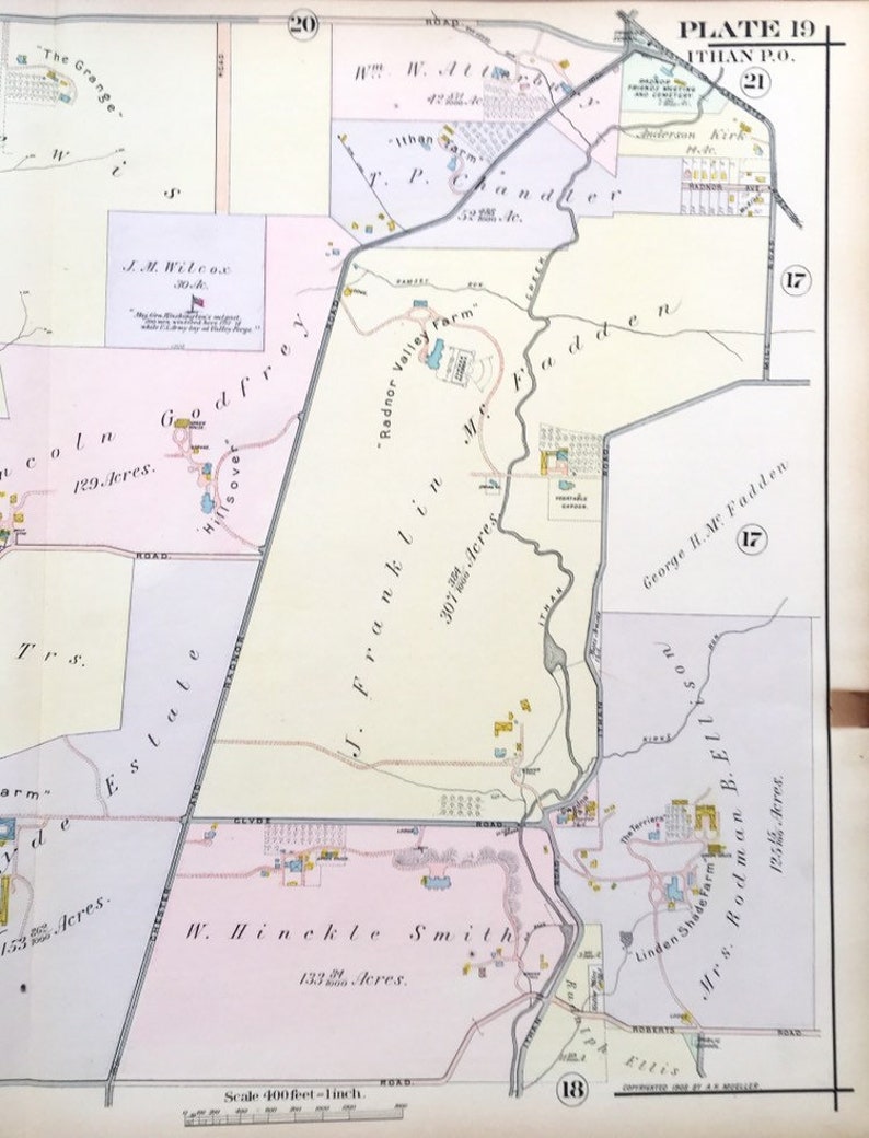 Radnor Township Map, Original 1908 Mainline Pennsylvania Railroad Atlas ...
