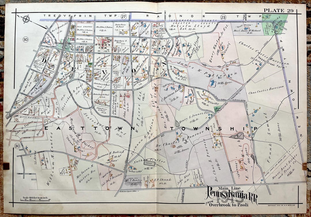 Devon Map, Original 1913 Main Line Railroad Atlas, Easttown, St Davids ...