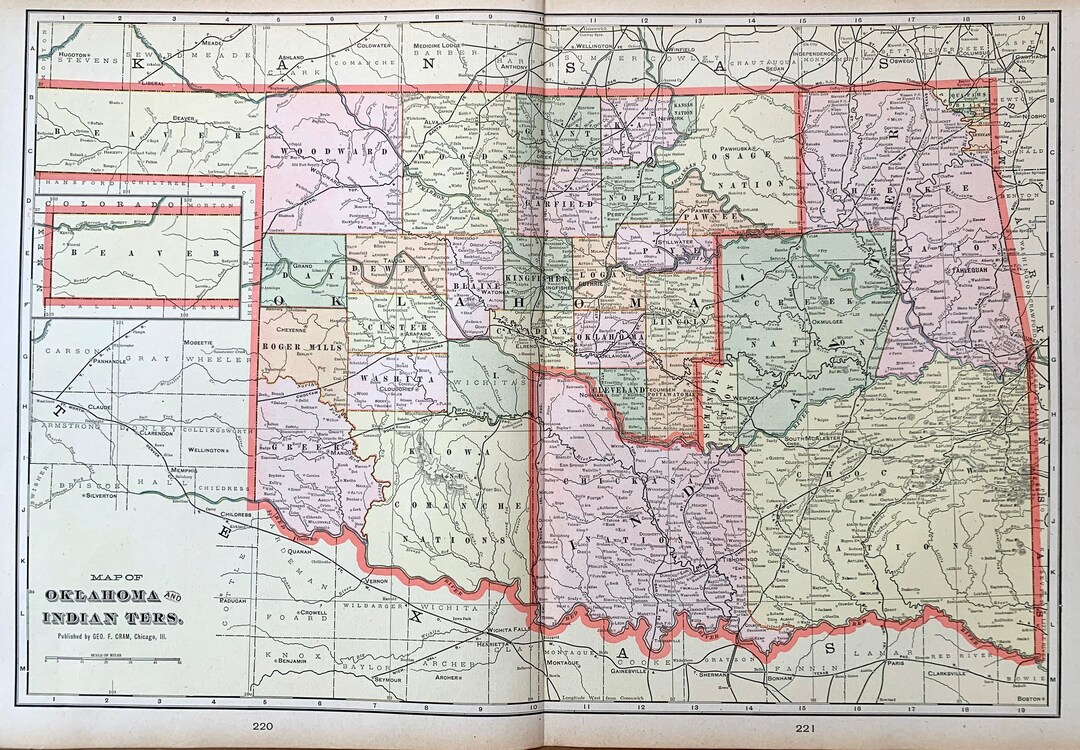 Oklahoma Territory Map, Original 1895 Crams Atlas, the Sooner State ...
