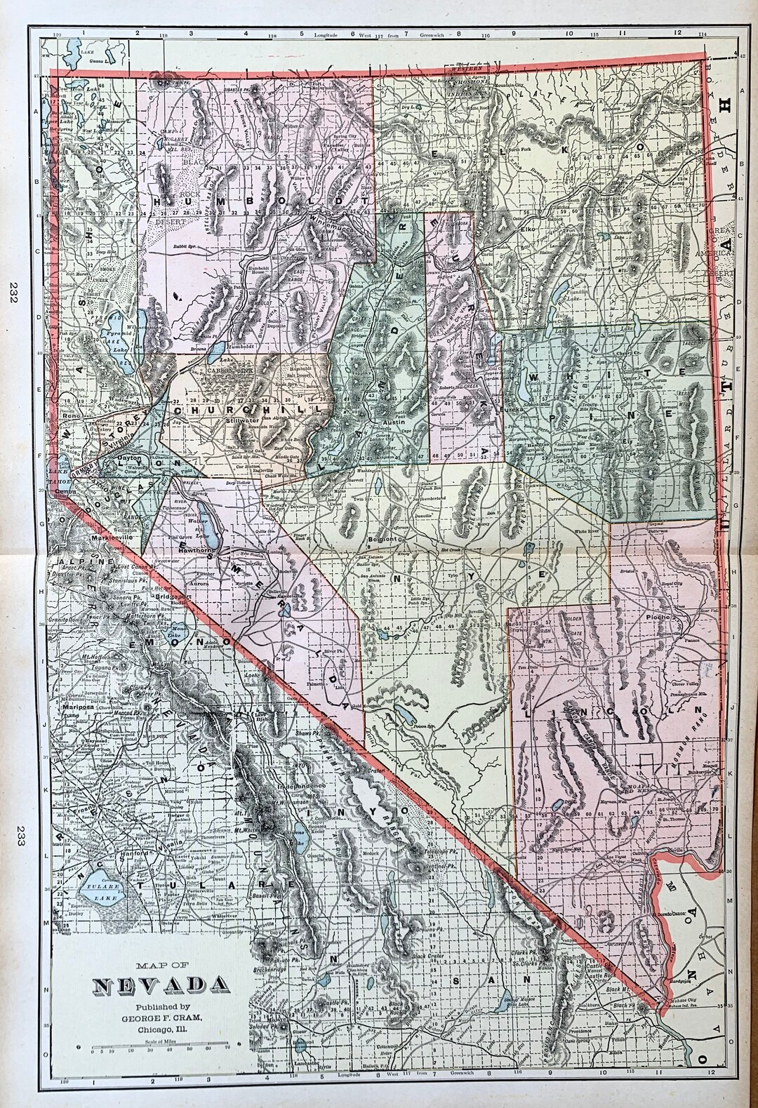 Nevada Map, Original 1901 Antique Crams Atlas Map, State of Nevada, Las ...