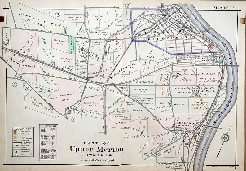 Upper Merion Township Map, Original 1912 Pennsylvania Main Line ...