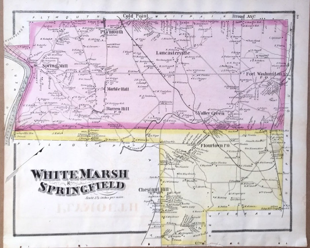 Whitemarsh and Springfield Map, Original 1877 Hand Colored, Montgomery ...