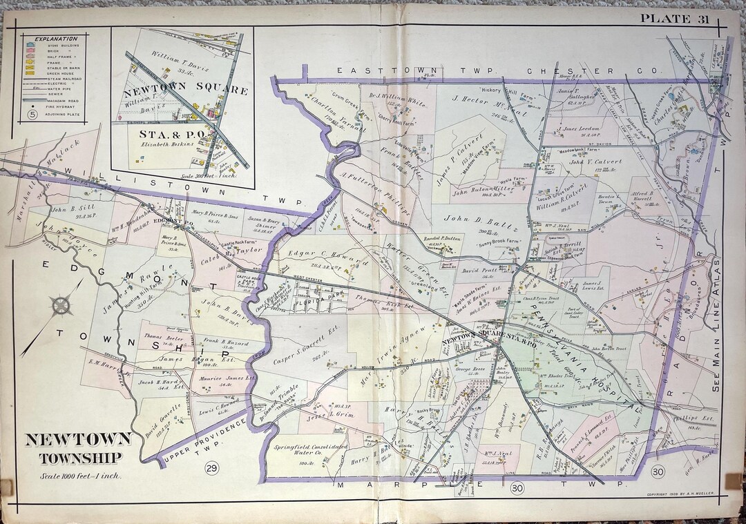 Newtown Township Map, Original 1909 Delaware County Atlas, Newtown ...