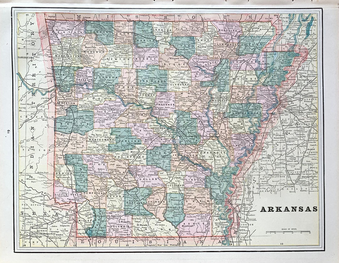 Arkansas Map, Original 1895 Gerorge Cram Atlas, State of Arkansas ...