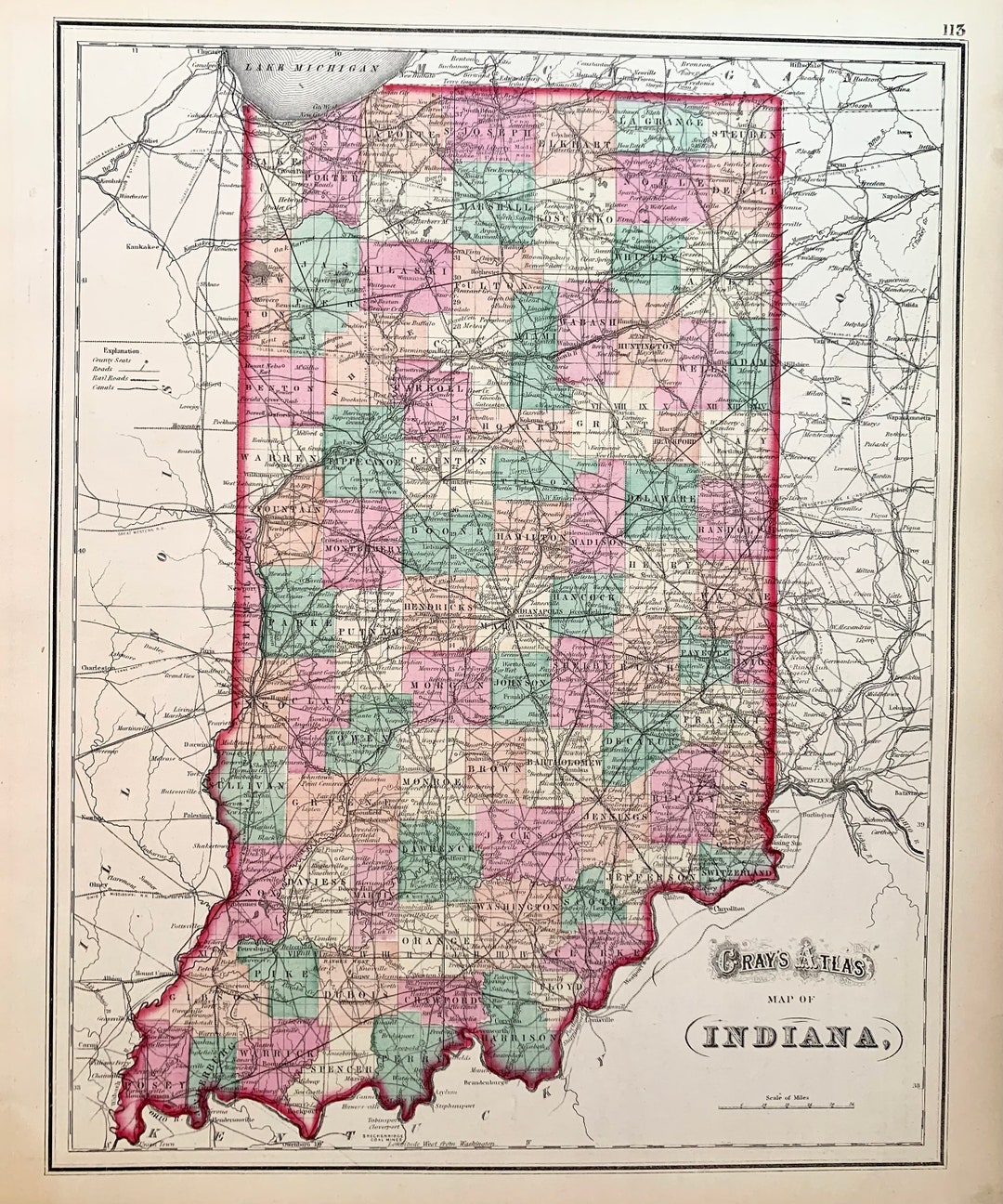 Indiana Map, Original 1874 Grays Atlas, Indianapolis, Hoosier State - Etsy