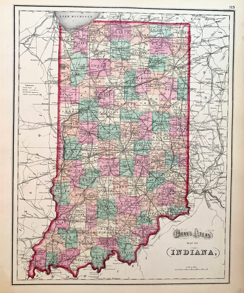 Indiana Map Original 1874 Grays Atlas Indianapolis Hoosier - Etsy