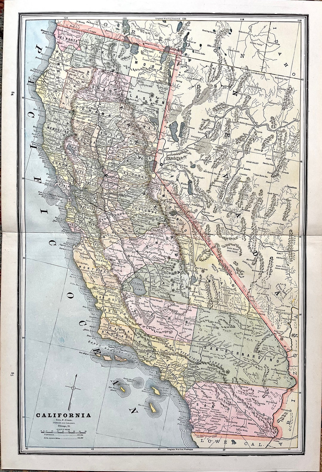 California Map, Original 1895 Crams Atlas, the Golden State, San ... California Map, Original 1895 Crams Atlas, the Golden State, San ...