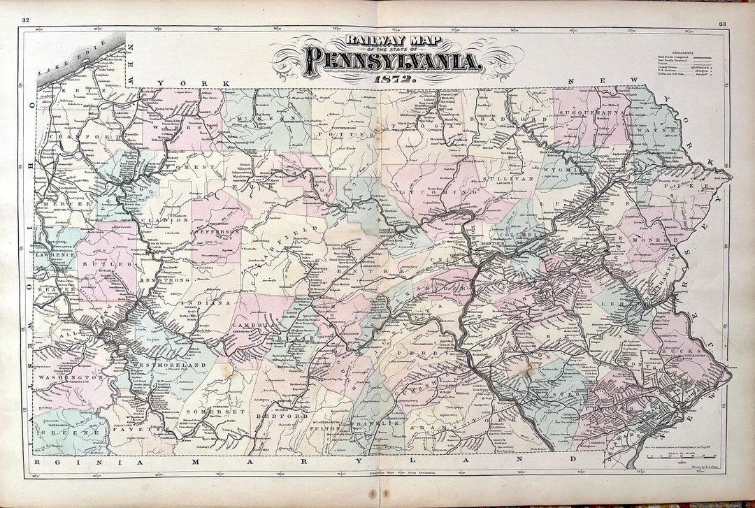 Pennsylvania Railroad Map, Original 1872 Railroad Map of Pennsylvania ...