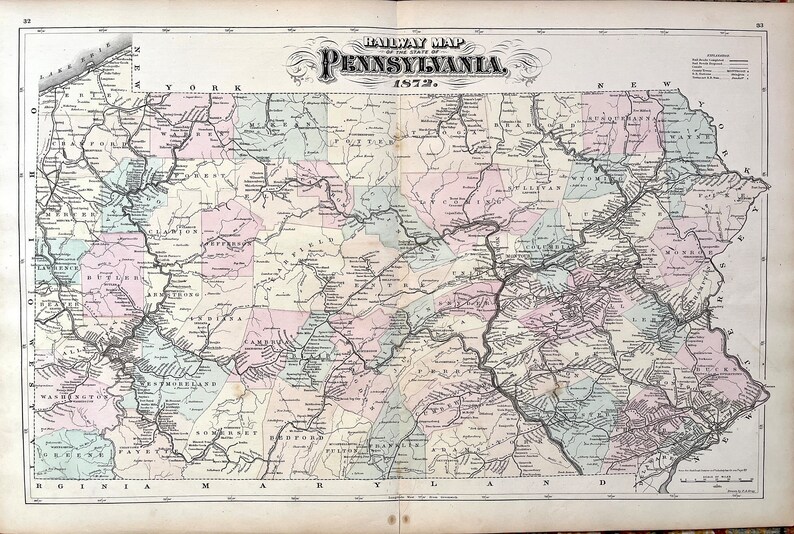 Pennsylvania Railroad Map, Original 1872 Railroad Map of Pennsylvania ...