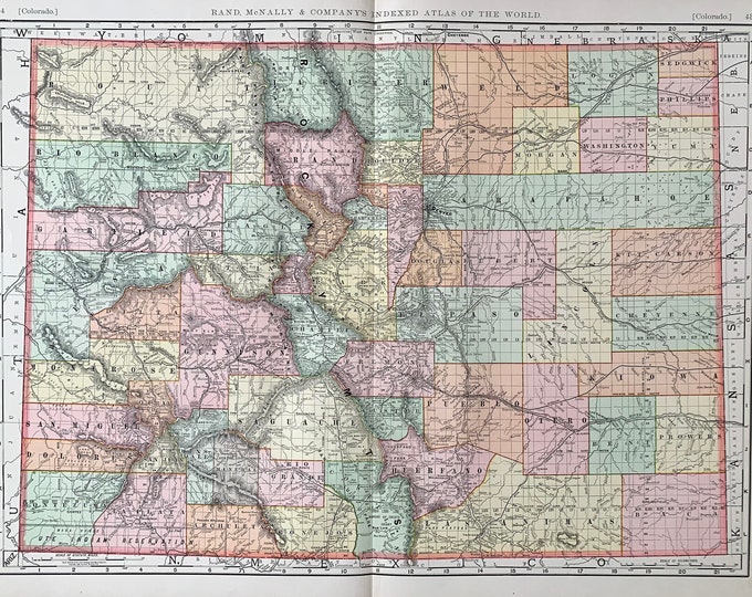 Colorado Map, Original 1895 Rand Mcnally Atlas, Denver, Rocky Mountains ...