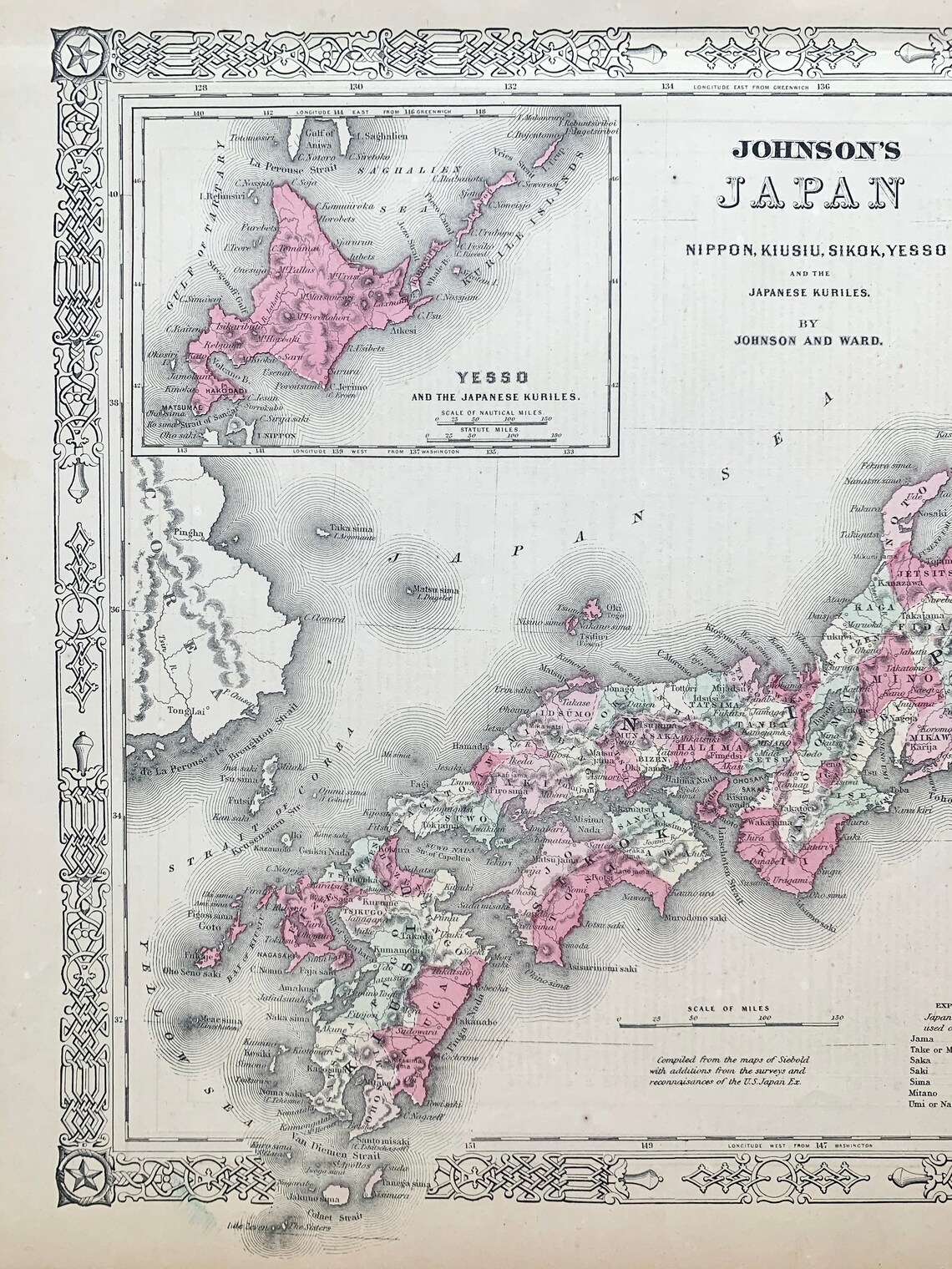 Antique Map of Japan, Original 1864 Johnsons Atlas, Hand Colored Map ...
