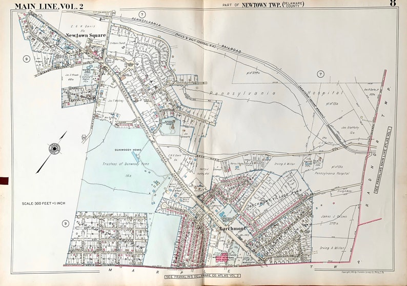 Newtown Township Map, Original 1950 Franklin Survey Main Line Atlas ...