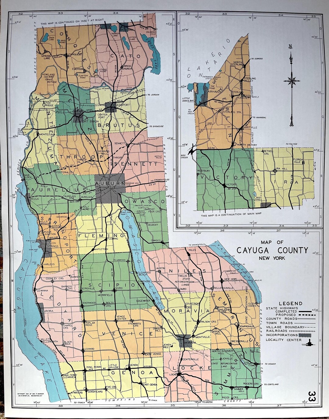 Cayuga County Map, Original 1941 New York State Atlas, Auburn, Melrose ...
