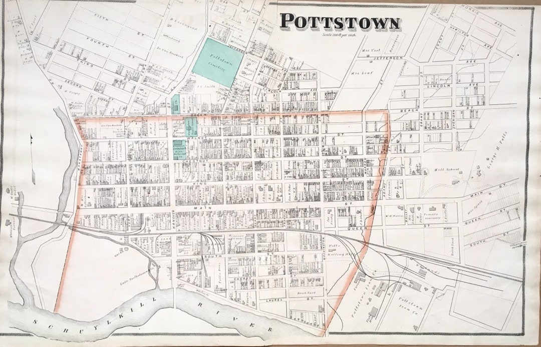Pottstown Map, Original 1877 Hand Colored, Montgomery County ...