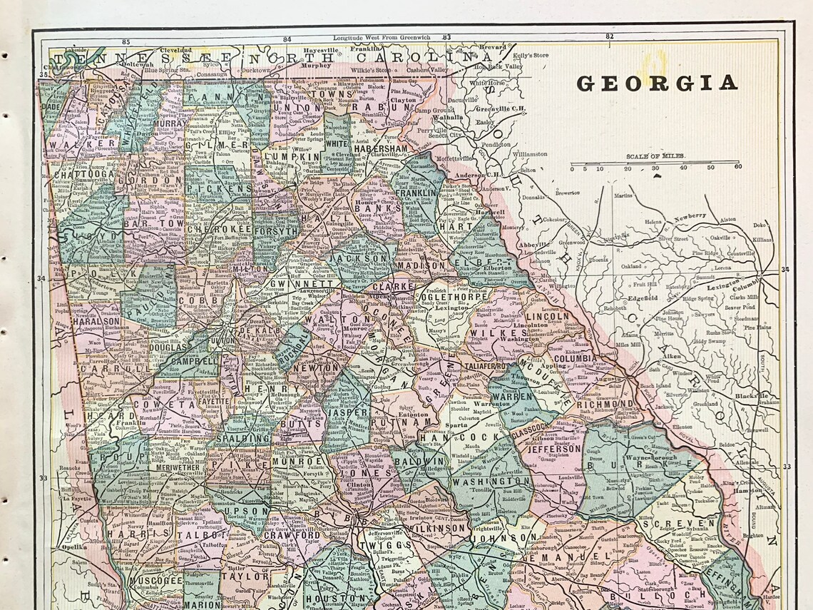 Antique Georgia Map Original 1895 Crams Atlas State of - Etsy