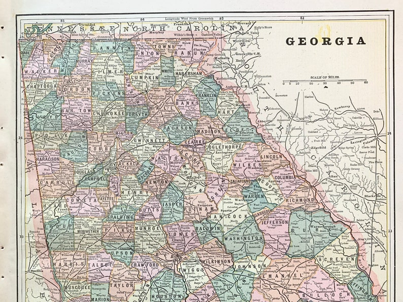 Antique Georgia Map, Original 1895 Crams Atlas, State of Georgia, the ...