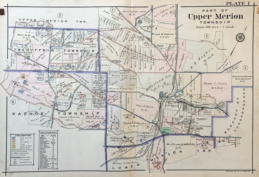 Upper Merion Map, Original 1912 Pennsylvania Main Line Railroad Atlas ...