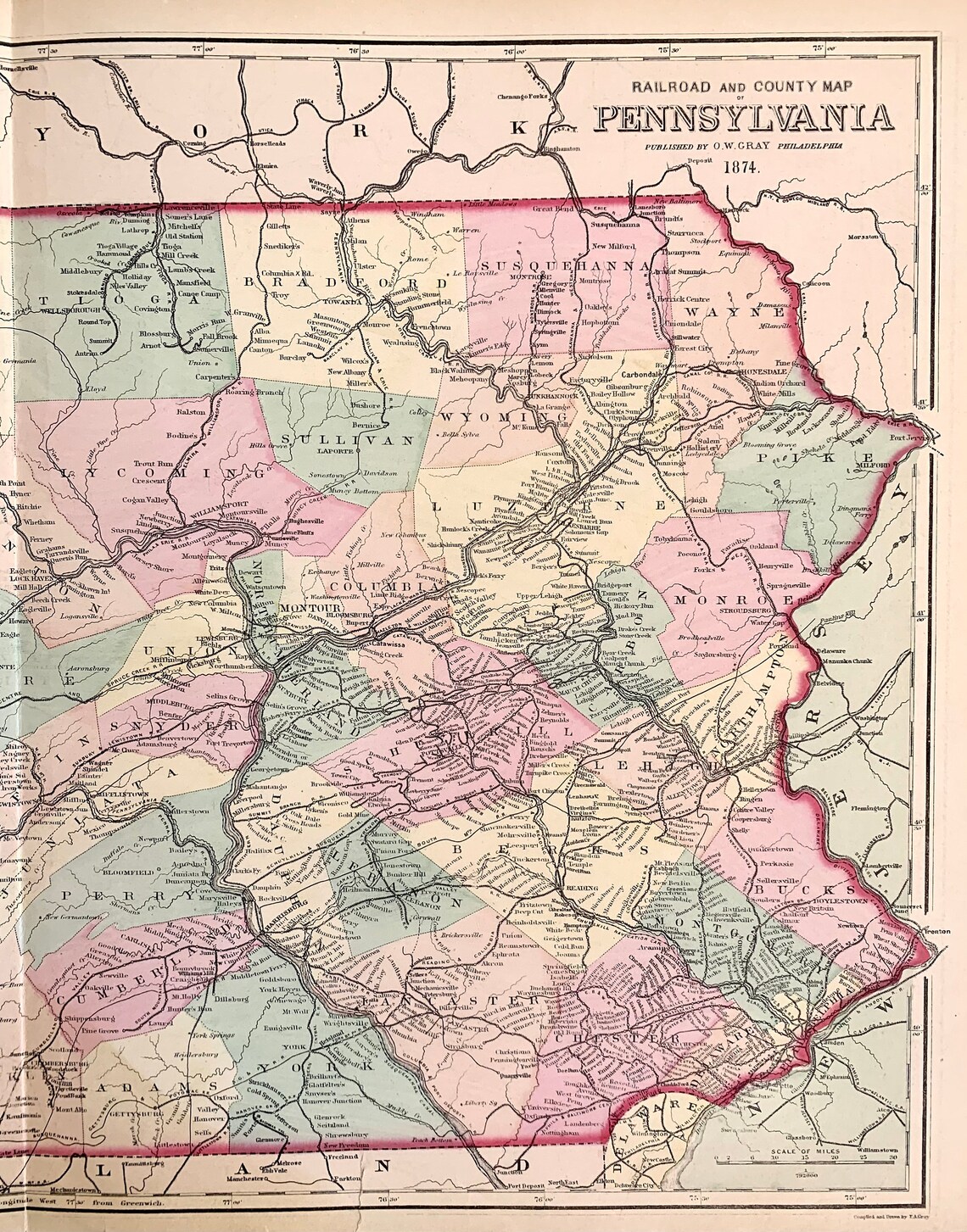 Pennsylvania Railroad Map Original 1874 State of Pennsylvania | Etsy