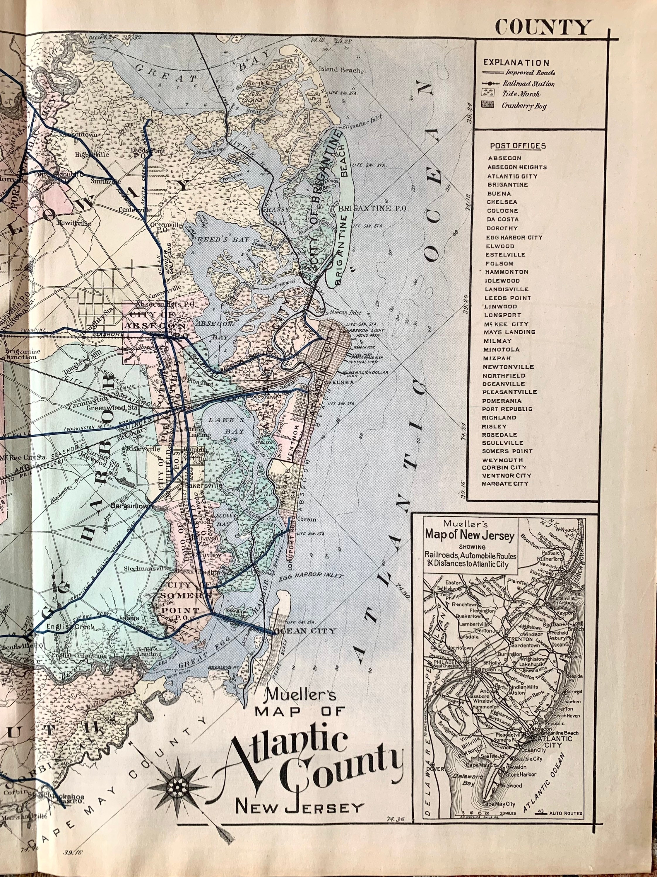 Atlantic County Map, Original 1924 Absecon Island Atlas, Margate ...
